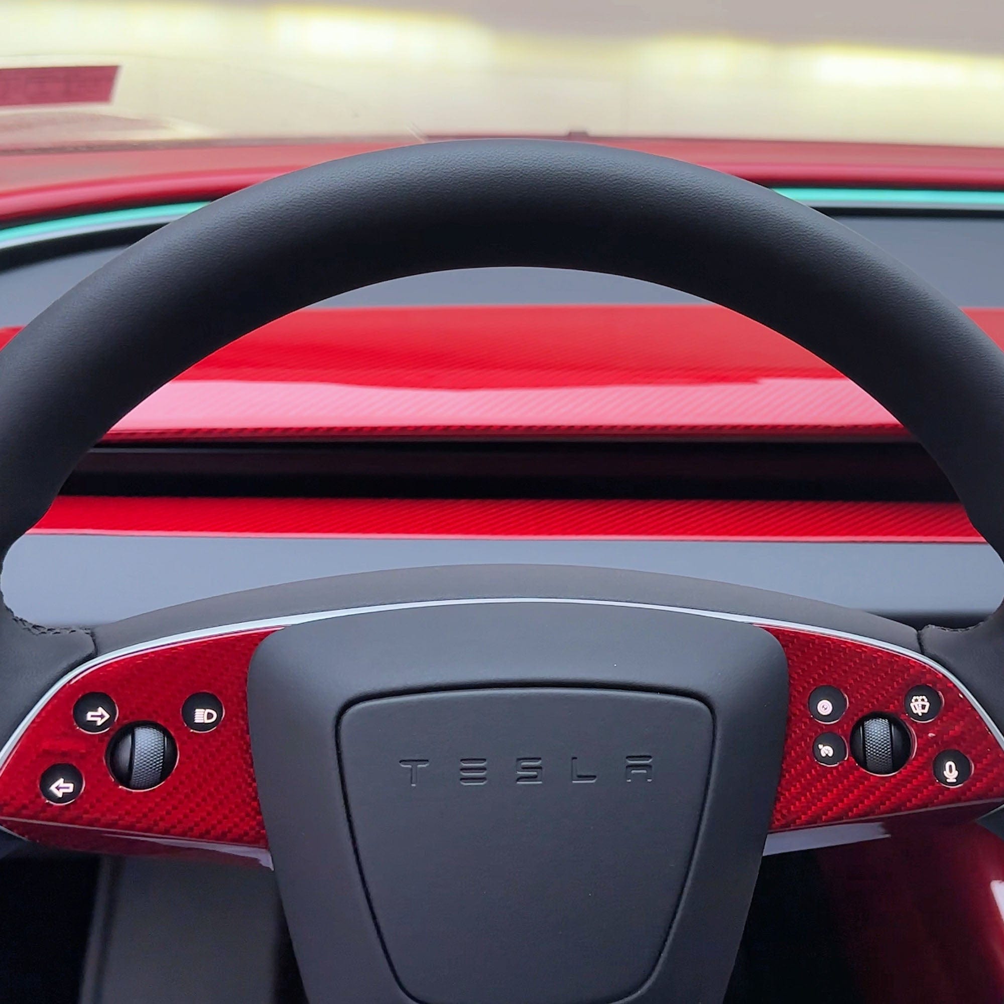 Real Molded RED Carbon Fiber Steering Wheel Overlays 3Pcs for Tesla Mo ...